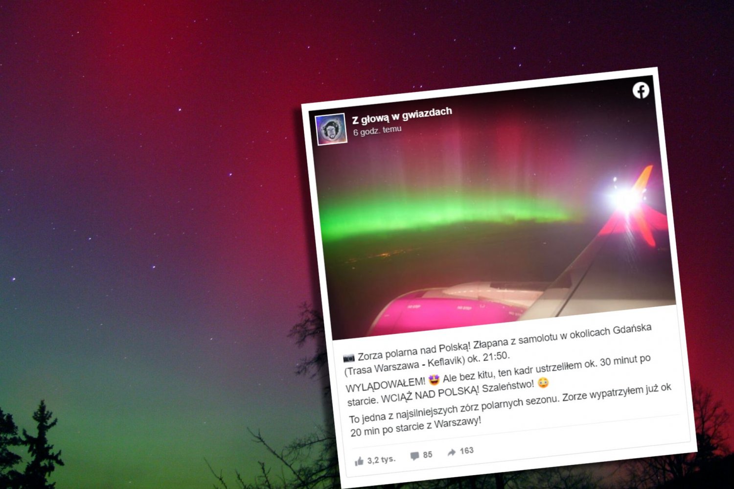 Zorza polarna nad Polską. Niektórzy uchwycili ją nawet z samolotu [ZDJĘCIA] | naTemat.pl